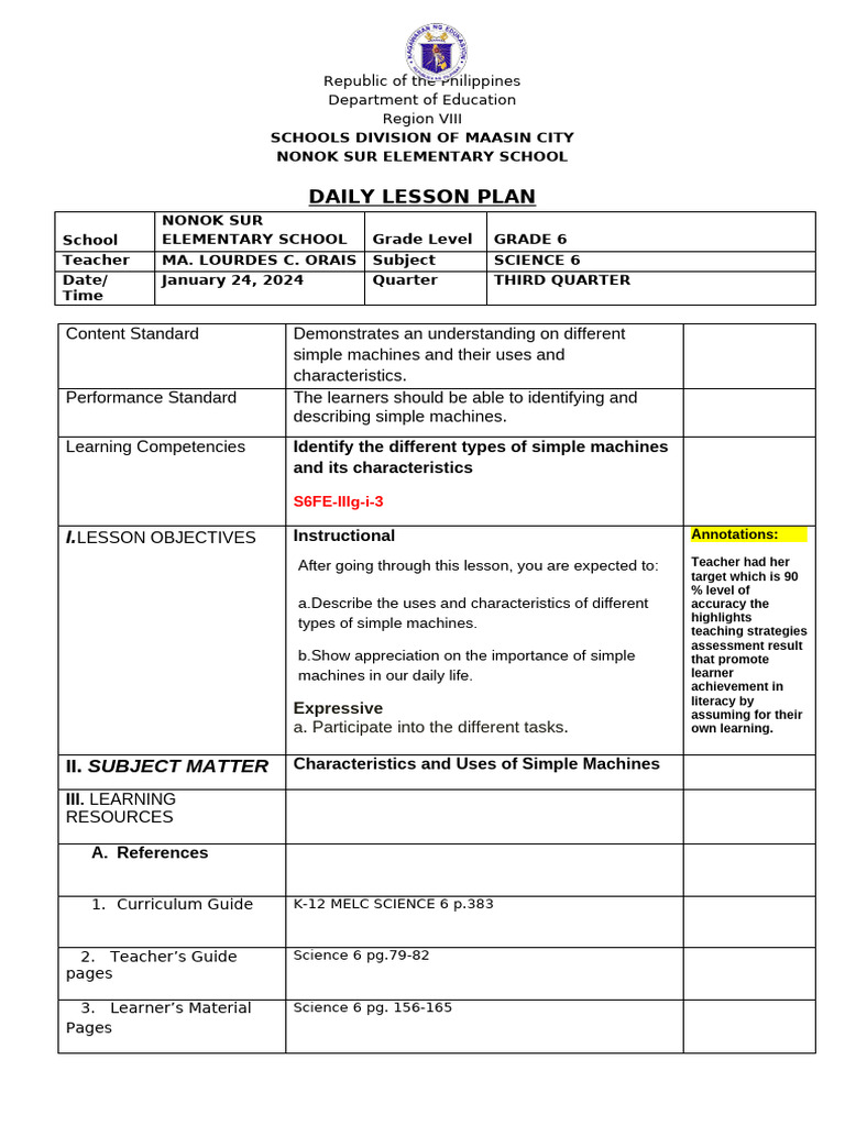COT-GRADE-6-Q3-SCIENCE-SIMPLE-MACHINES | PDF | Machines | Learning