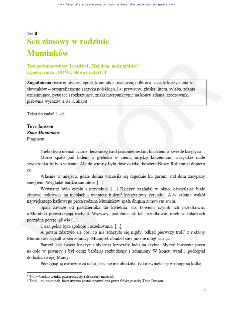 Język Polski - Klasa 4 - Dział 1 - Sprawdzian | PDF