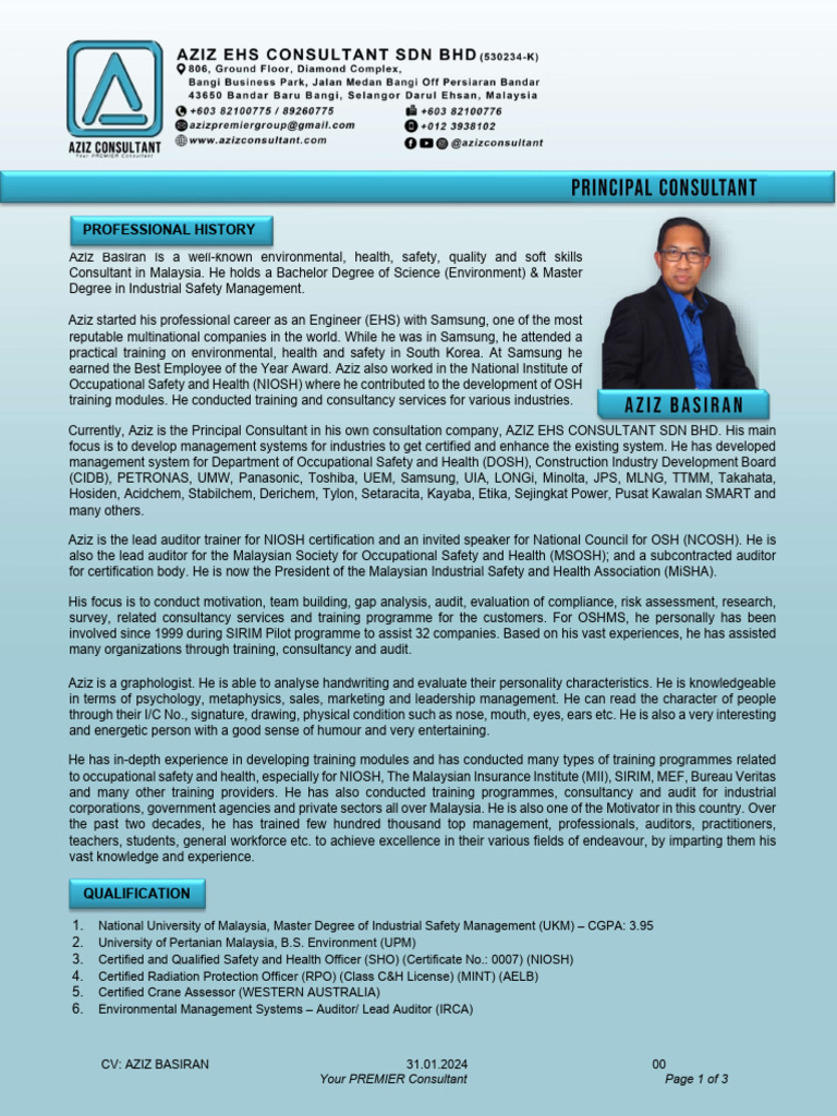 CV Aziz Bin Basiran | PDF | Occupational Safety And Health