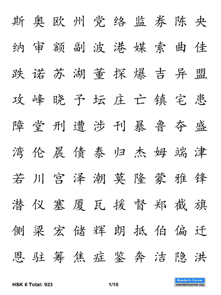 HSK 6 Hanzi Poster Without Pinyin | PDF