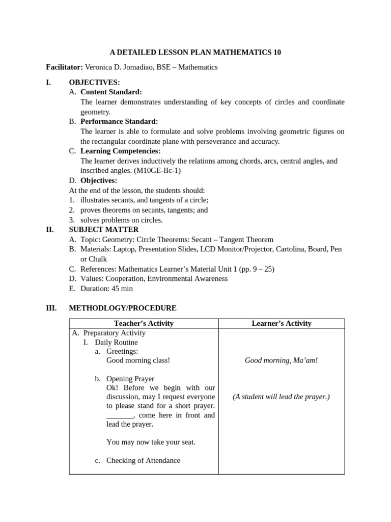 Lesson Plan Mathematics 10 | PDF | Circle | Tangent