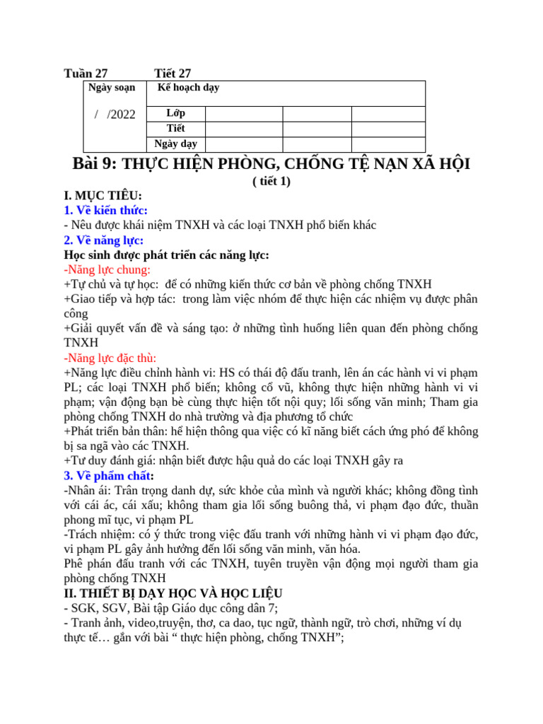 GDCD 7 - Bai 9 - Te Nan Xa Hoi - Hay - T1 | PDF
