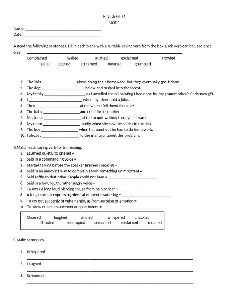 English G4 Unit 4 Saying Verbs Exercise | PDF