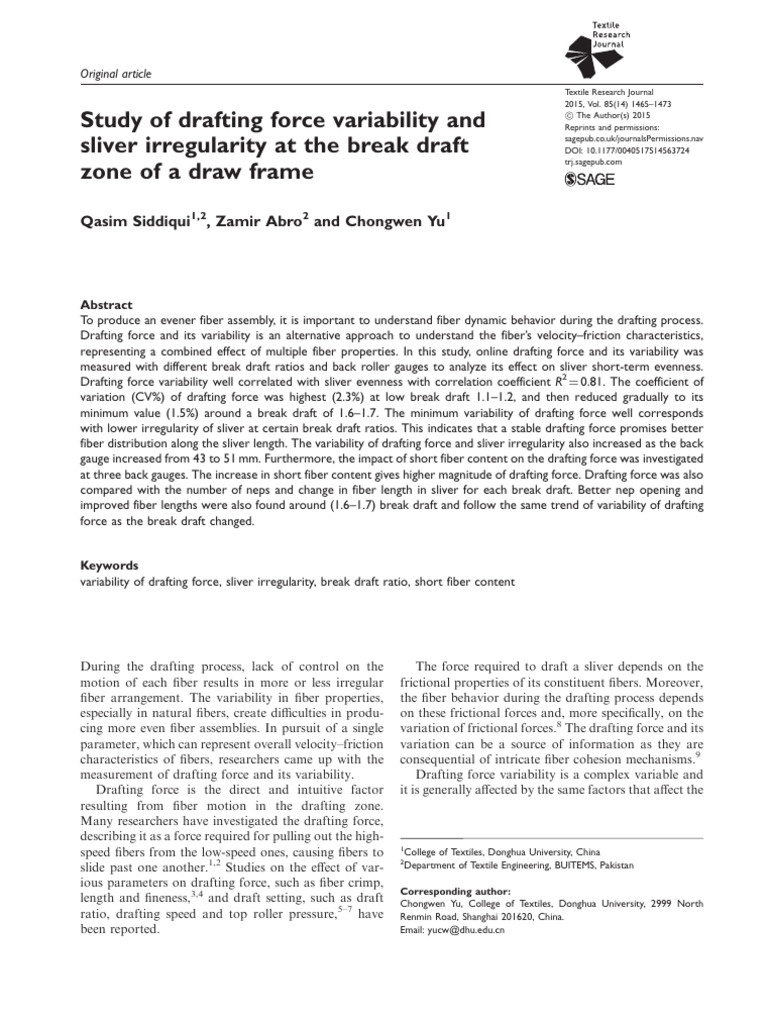 Study of Drafting Force Variability and Sliver Irregularity at Break ...
