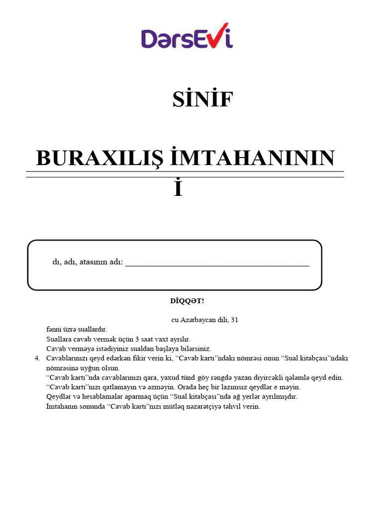 BuraxÄ Lä Å Imtahanä - 3 - Az - XI Sinif - Sual Kitabã Asä - XÉ Yyam - 19.11.21 | PDF