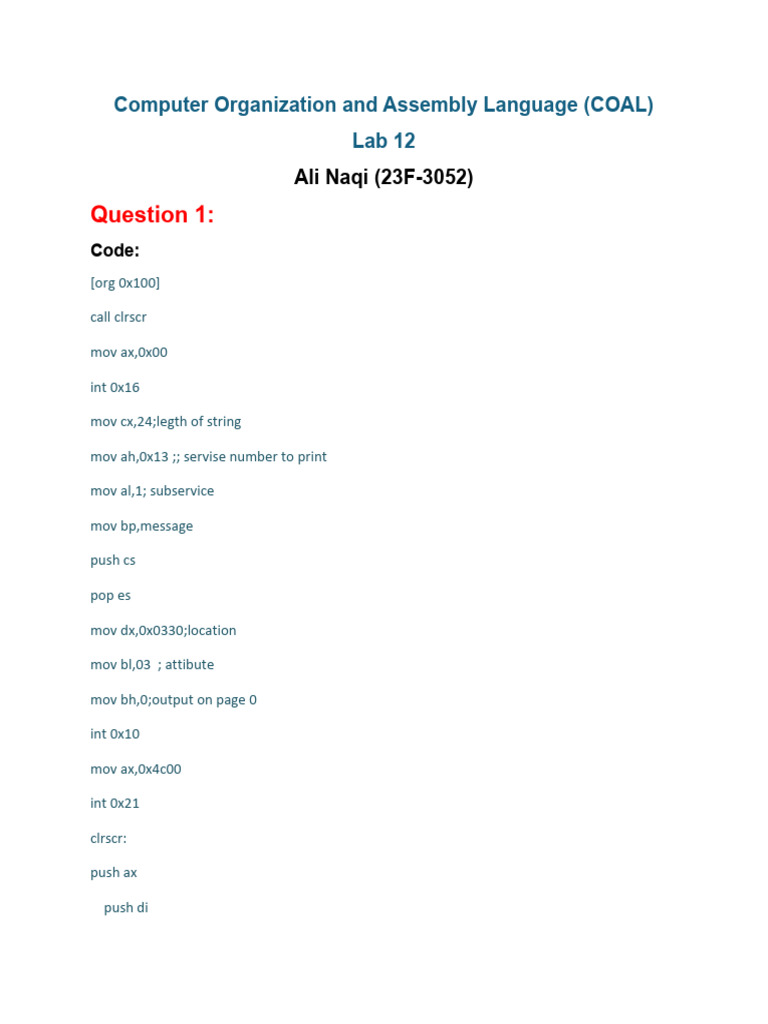 COAL Lab 12: Assembly Language Tasks | PDF