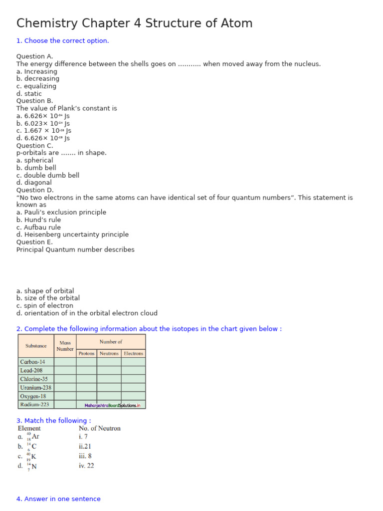 Chemistry Chapter 4: Atom Structure Quiz | PDF | Atomic Orbital ...