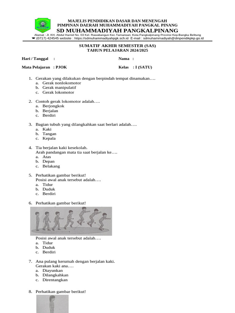 SOAL PJOK KELAS 1 SD MUH | PDF