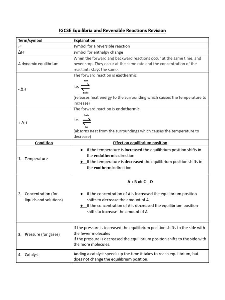 IGCSE Equilibria & Reversible Reactions Guide | PDF | Chemical ...