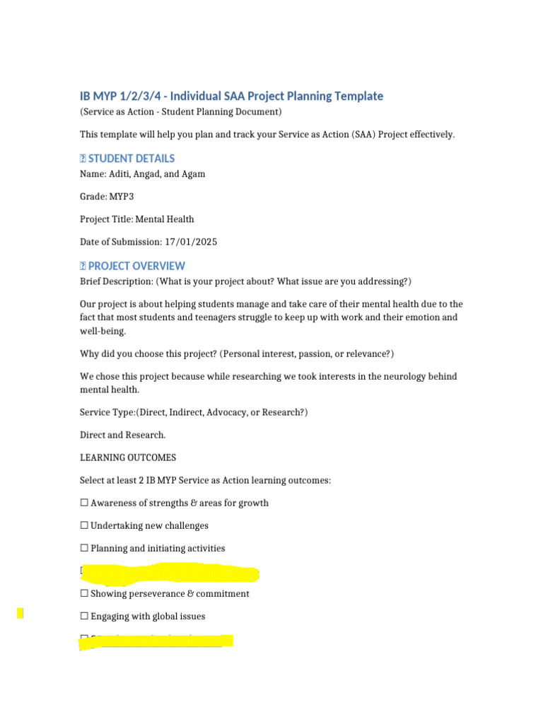 IB MYP SAA Project Planning Template | PDF