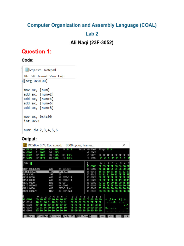 Computer Organization and Assembly Language (COAL) Lab 2: Ali Naqi (23F-3052) | PDF