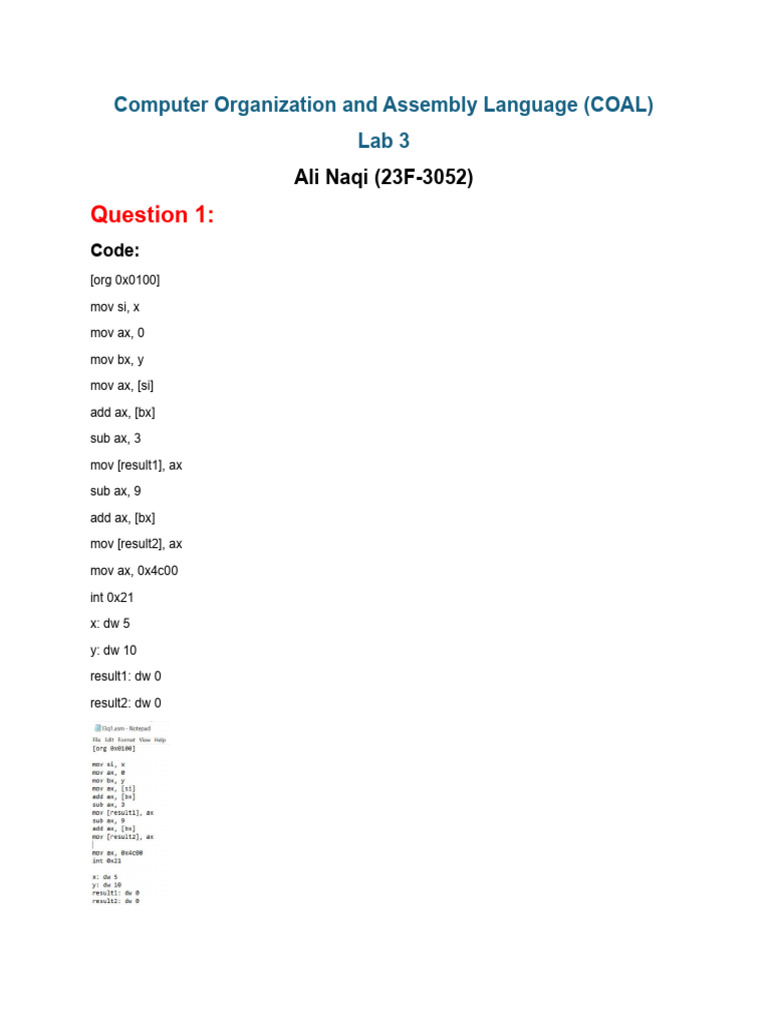 Computer Organization and Assembly Language (COAL) Lab 3: Ali Naqi (23F-3052) | PDF