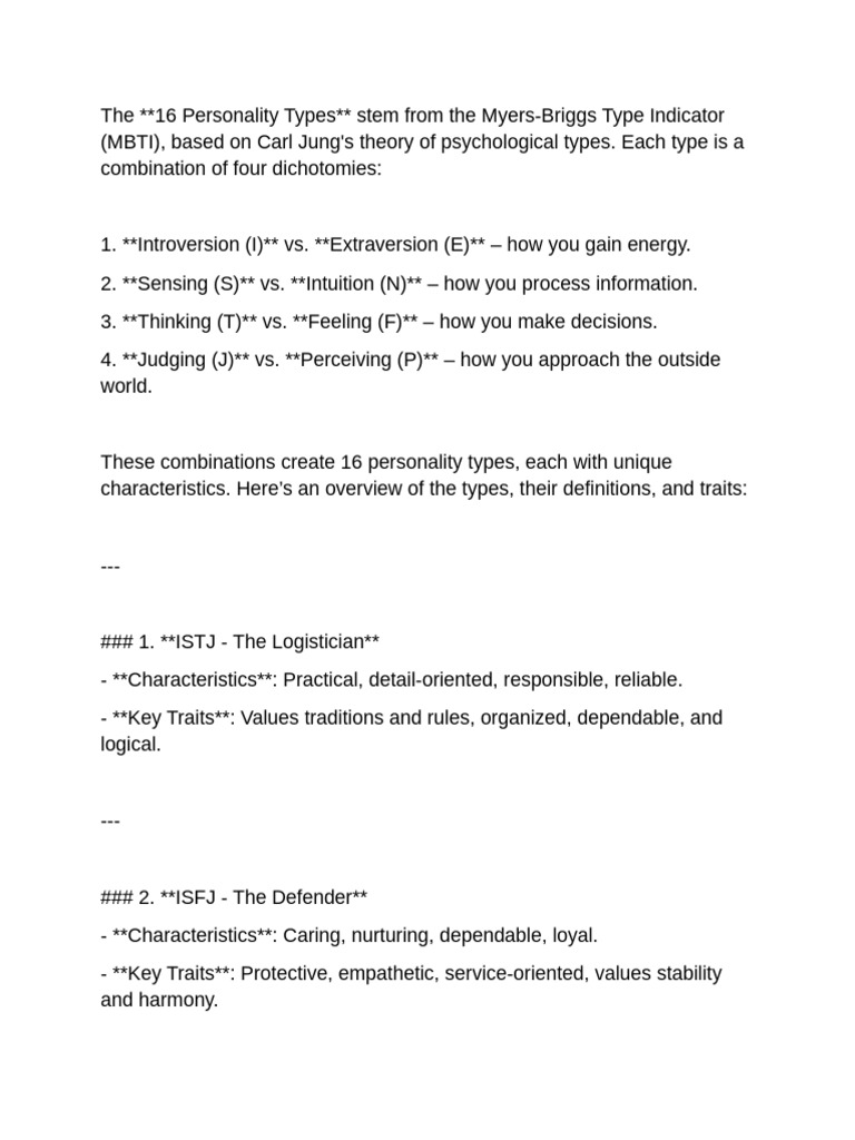 Overview of 16 Personality Types | PDF | Personality Type | Psychology
