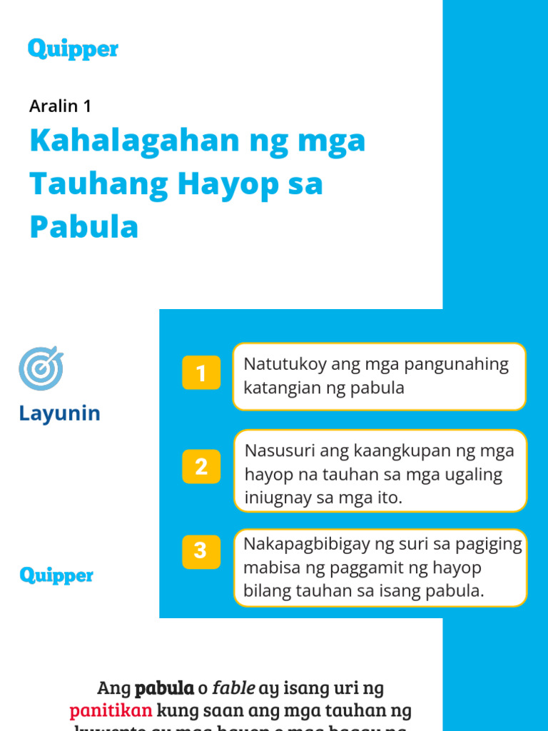 Kahalagahan NG Mga Tauhang Hayop Sa Pabula: Aralin 1 | PDF