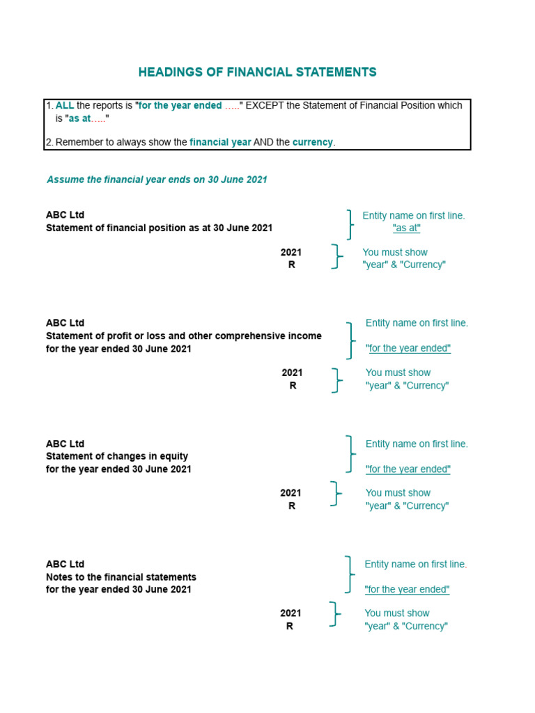 Summary - Headings of Financial Statements | PDF