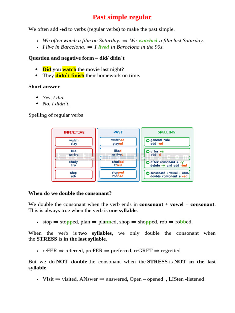 Past Simple Regular and Irregular Verbs | PDF