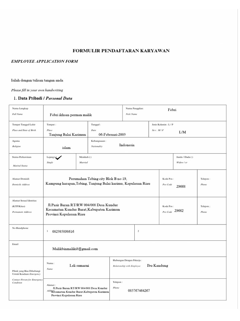 Formulir Pendaftaran Karyawan | PDF