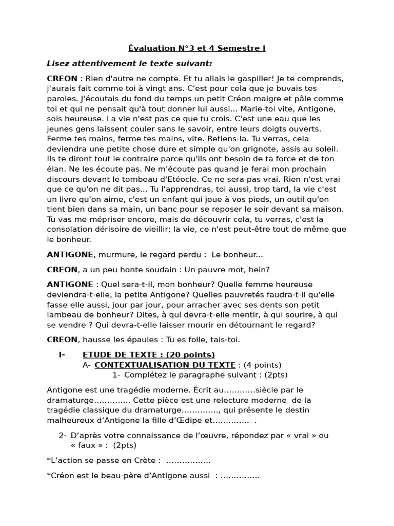 Antigone : Évaluation Semestre I 2025 | PDF