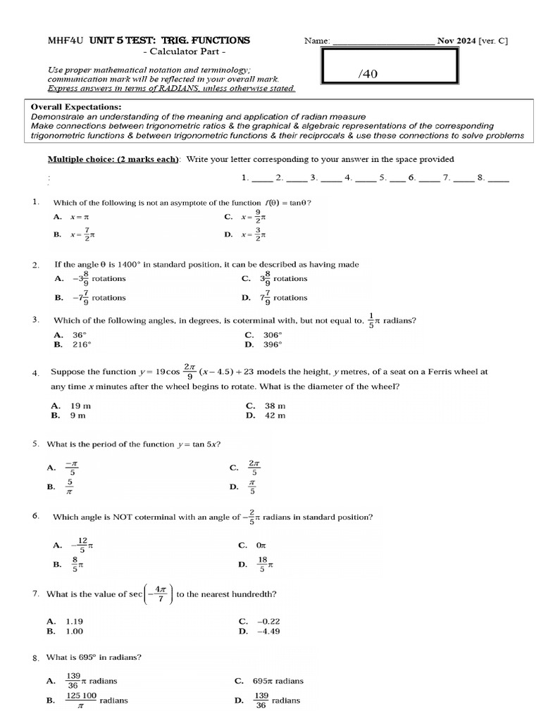 Test 5 Trig Functions Calc Part 2024 (Ver C) | PDF | Function ...