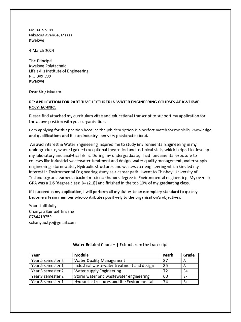 Application for Water Engineering Lecturer | PDF