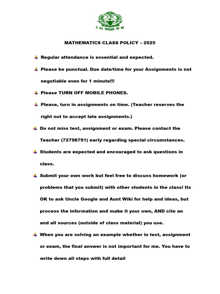 Mathematics Class Policy 2025 | PDF