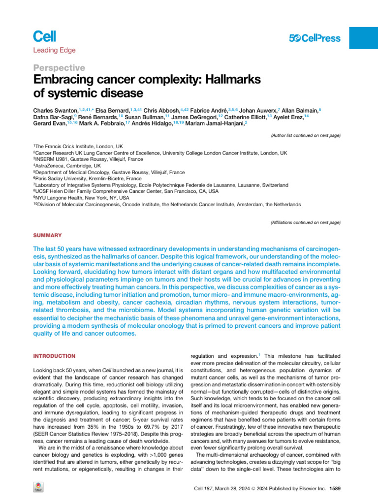 Embracing Cancer Complexity Hallmarks of Systemic Disease | PDF | Carcinogenesis | Cancer