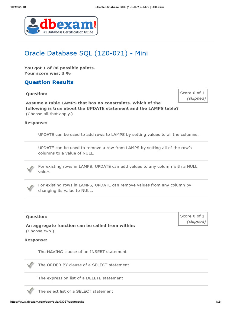 Oracle SQL Exam Practice Quiz | PDF | Table (Database) | Computing