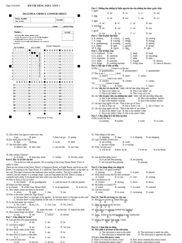 tiếng anh 6-bài tập trắc nghiệm unit 2.3 2024 azota | PDF