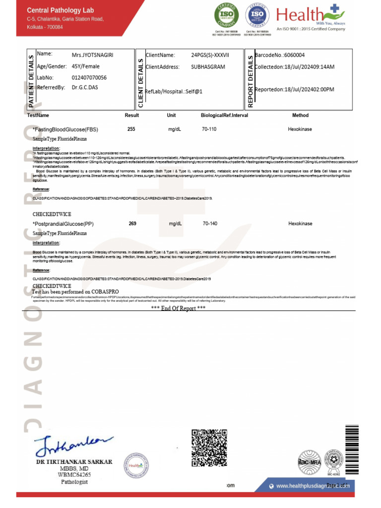 Fasting Blood Glucose Test Results | PDF | Diabetes Management | Diabetes