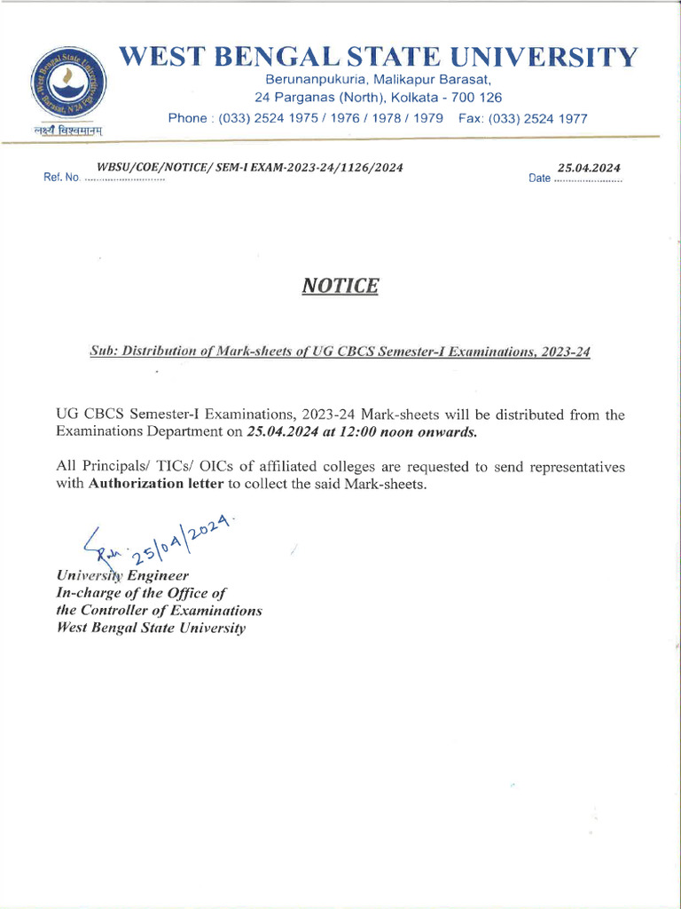 Distribution of Mark-Sheets of UG CBCS Semester-I Examinations, 2023-24 ...