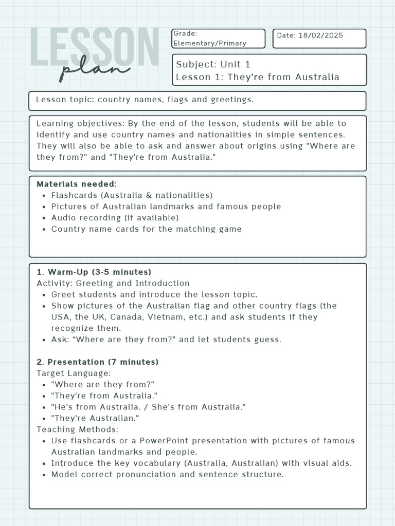 Lesson plan unit 1 | PDF | Vocabulary | Flashcard