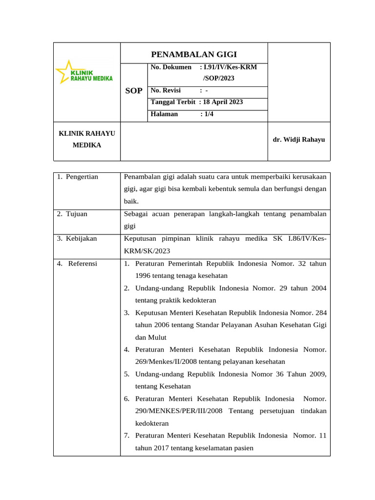 SOP Penambalan Gigi | PDF