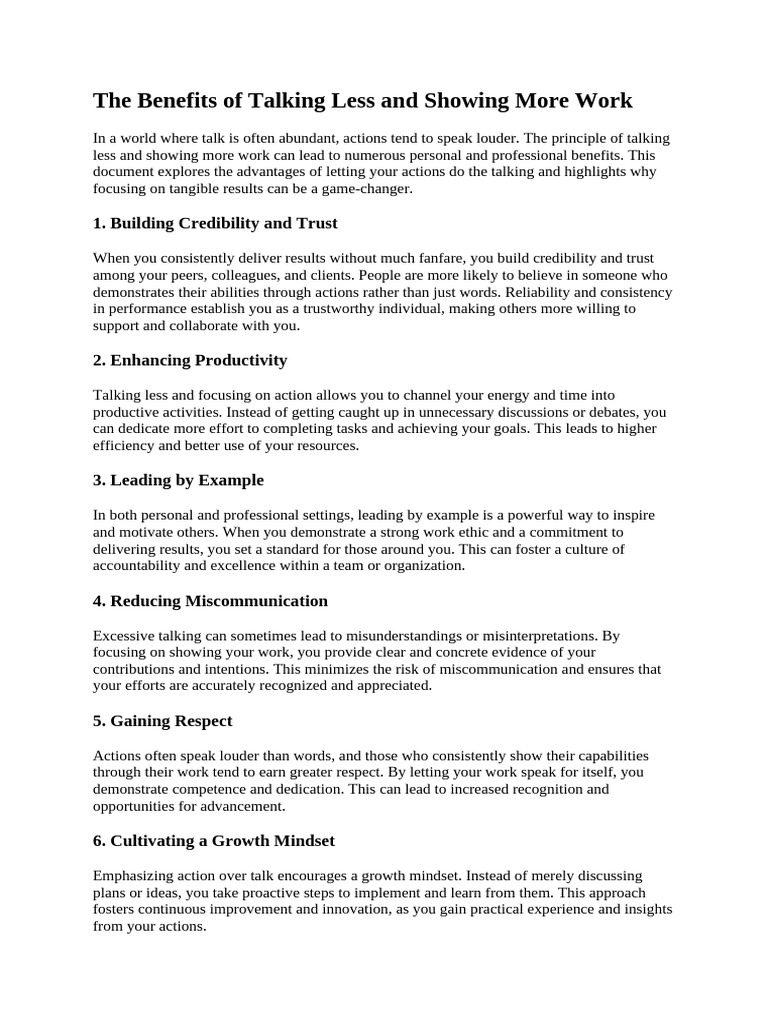 The Benefits of Talking Less and Showing More Work | PDF | Mindset ...