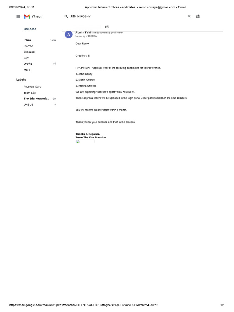 Approval Letters Communication - Jithin Koshy | PDF