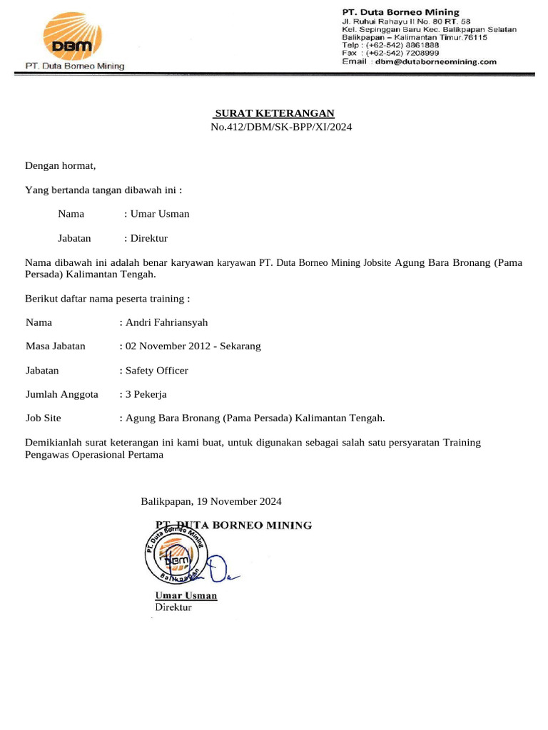 Surat Keterangan Training Safety Officer | PDF