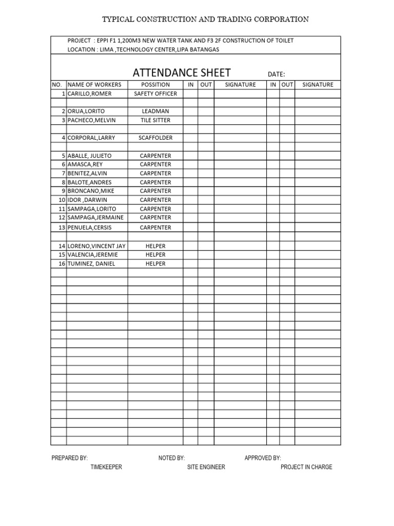 Construction Attendance Sheet for Water Tank Project | PDF