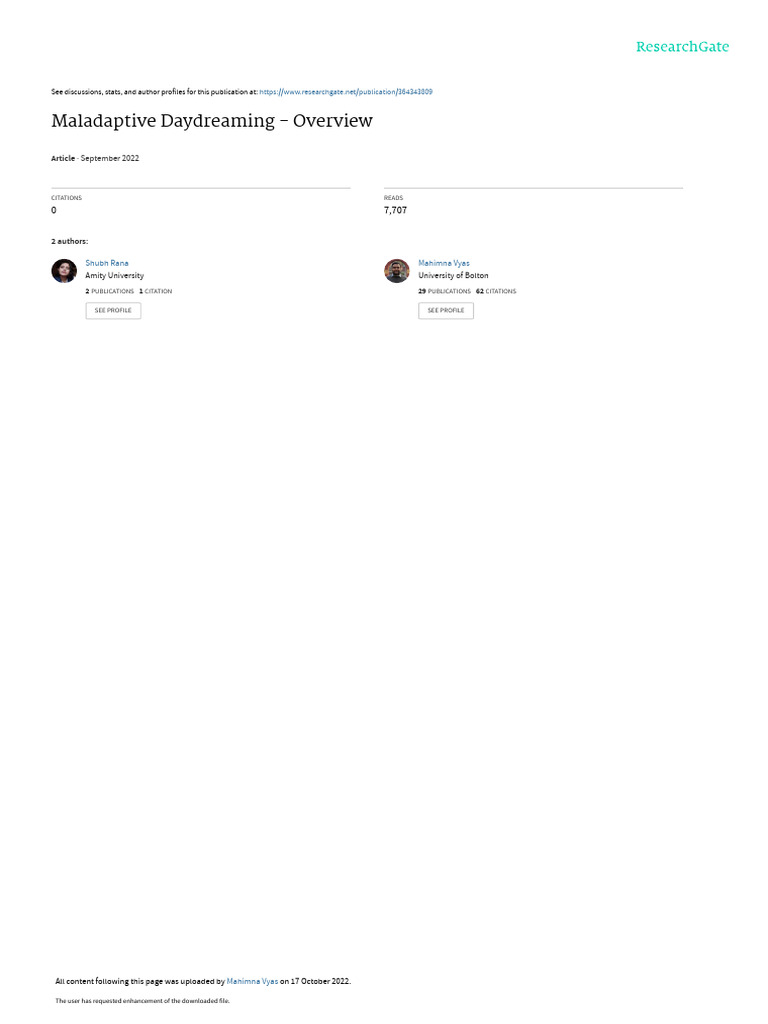 MaladaptiveDaydreaming Overview | PDF | Dissociation (Psychology ...