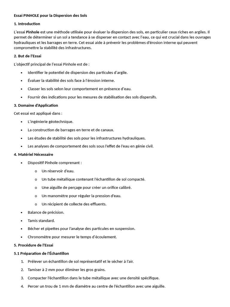 Essai Pinhole pour la Dispersion des Sols | PDF | Eau | Barrage