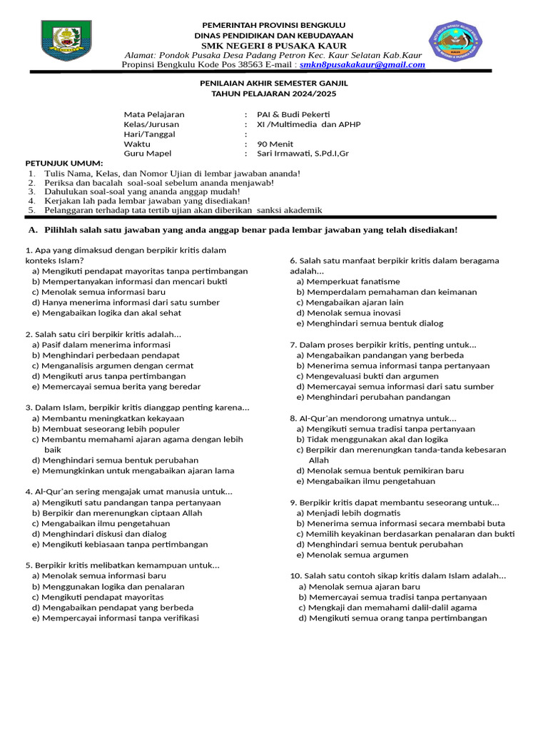 soal pai kelas xi | PDF