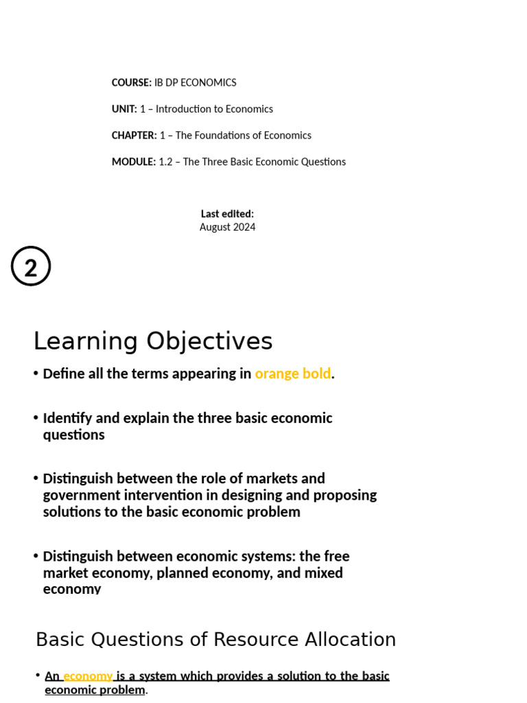 UNIT 1 1.2 - The Three Basic Questions in Economics | PDF | Economic ...