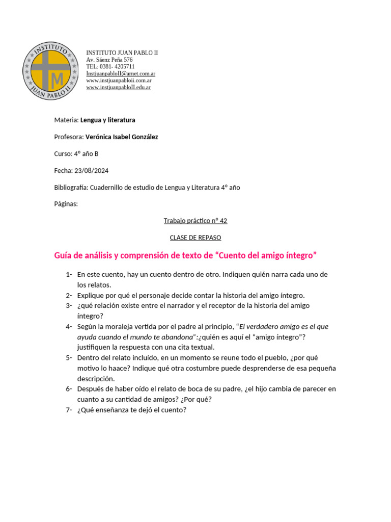 4 B Lengua y Literatura TP 42 REPASO 23 08 2024 | PDF | Cuentos