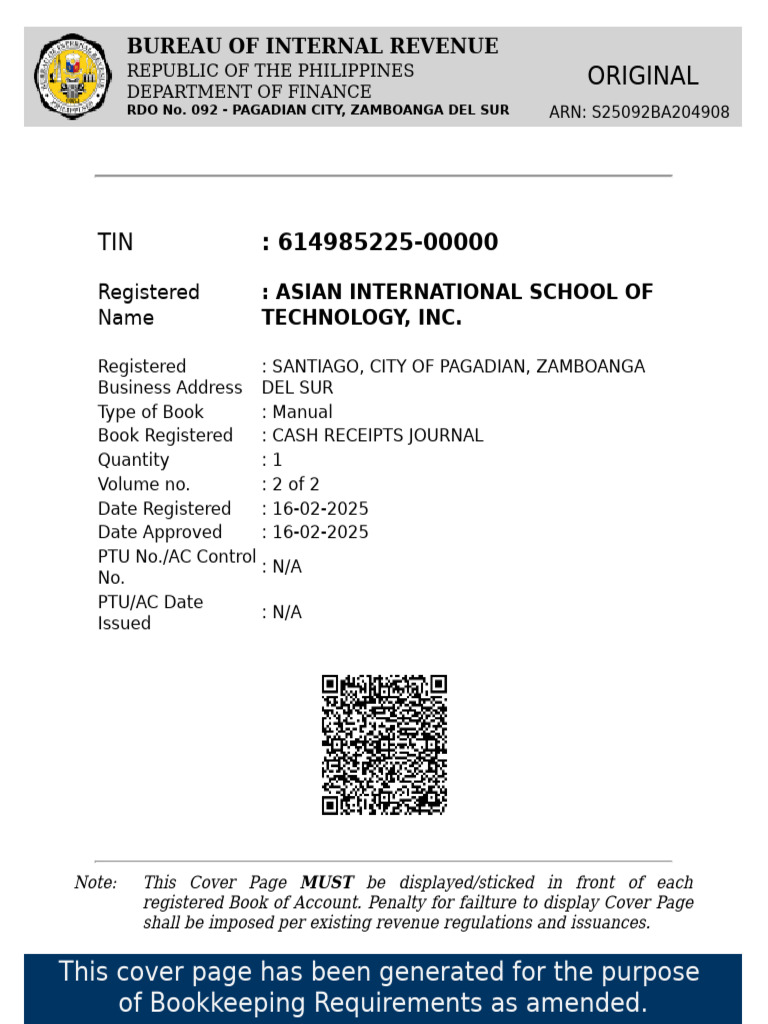 BIR Registration for Cash Receipts Journal | PDF