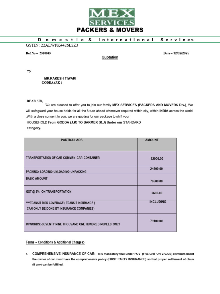 Packers & Movers Quotation 2025 | PDF | Economies | Financial Services