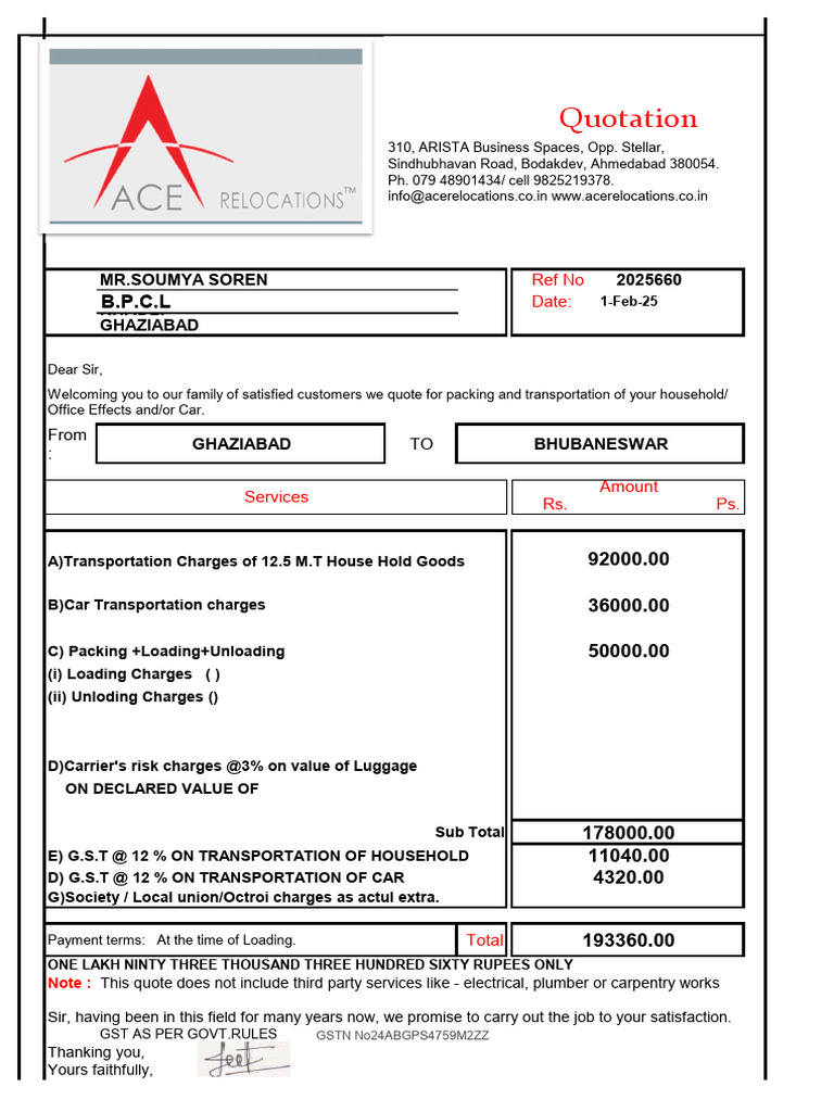 Quotation for Soumya Packers Services | PDF