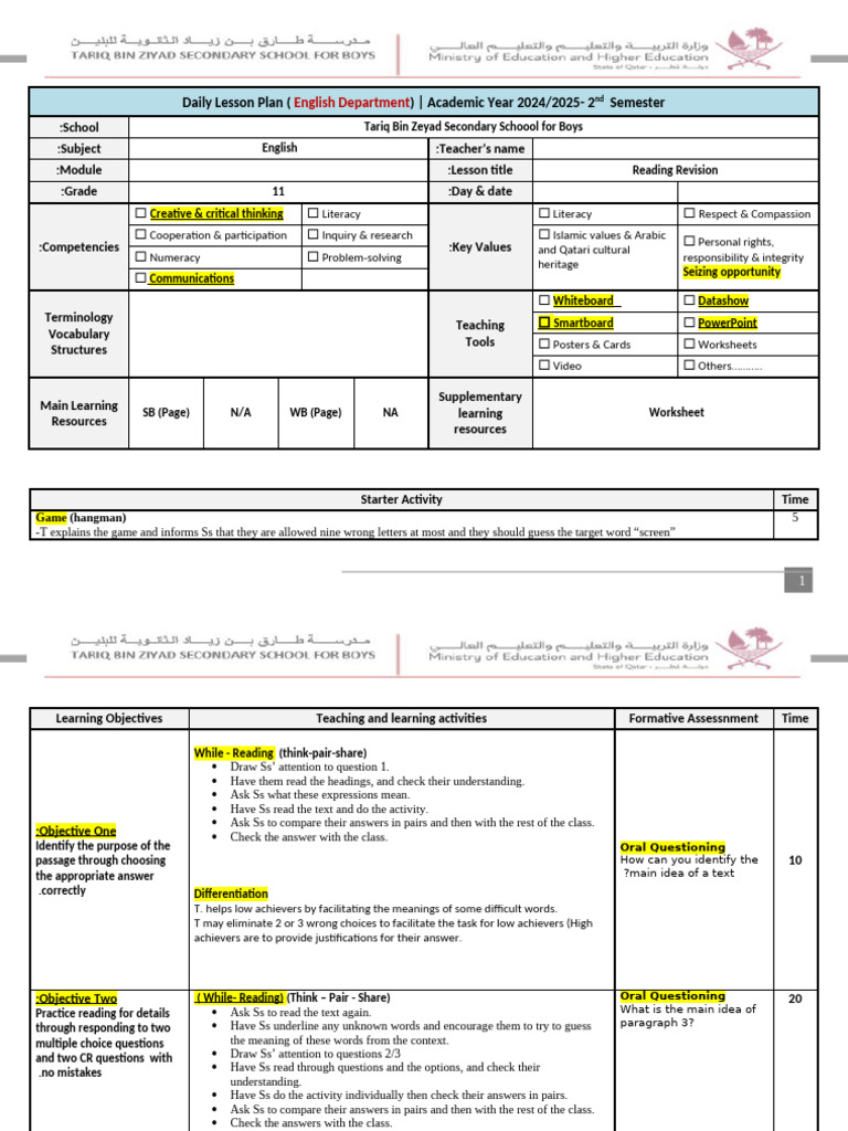 Reading Revison Plan | PDF | Learning | Multiple Choice
