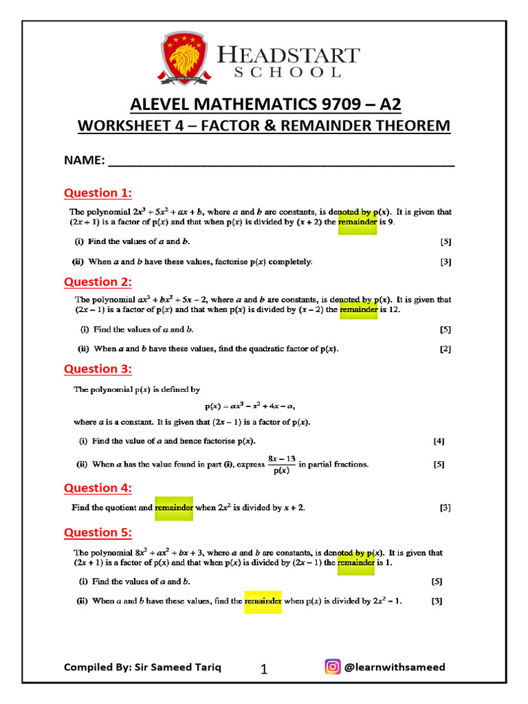 Worksheet 4 - Factor and Remainder Theorem | PDF