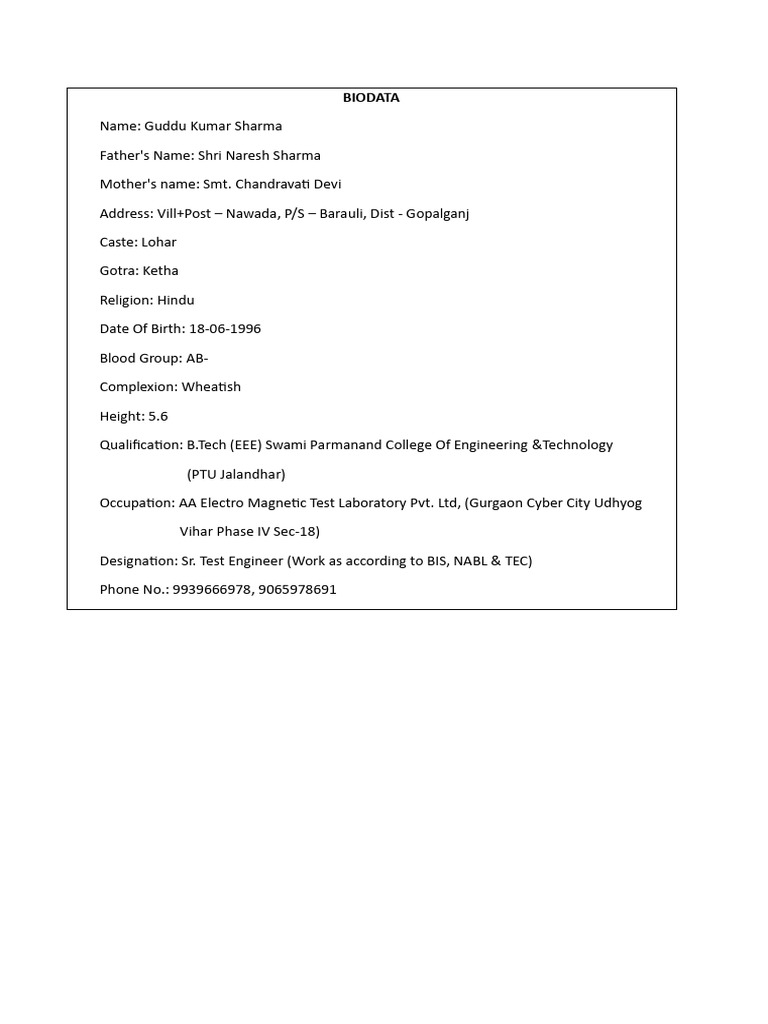 Guddu Kumar Sharma Biodata | PDF