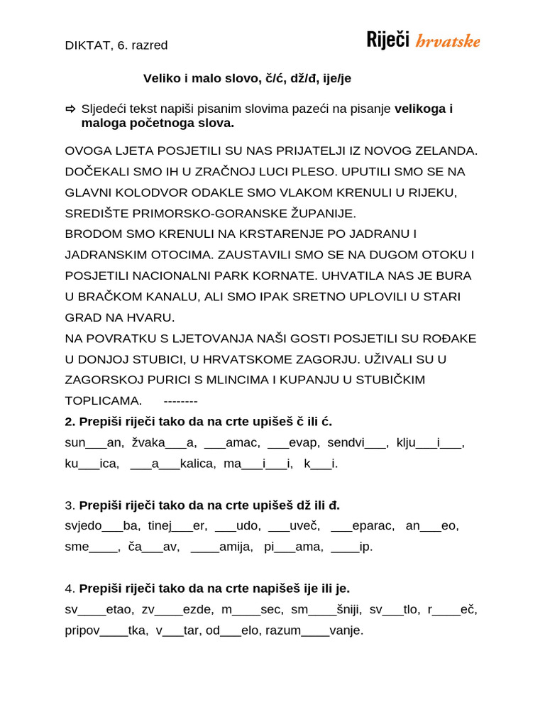 Veliko Pocetno Slovo - Diktat Za 6. R | PDF