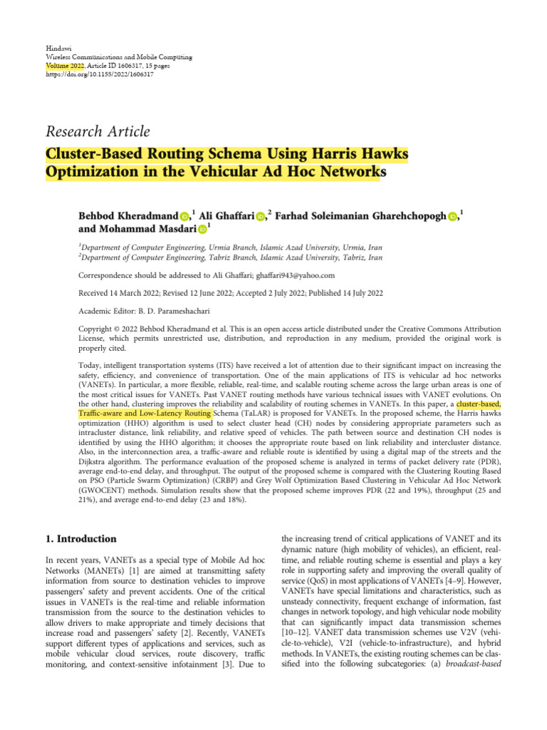 Cluster-Based Routing Schema Using Harris Hawks Op | PDF | Routing | Wireless Ad Hoc Network