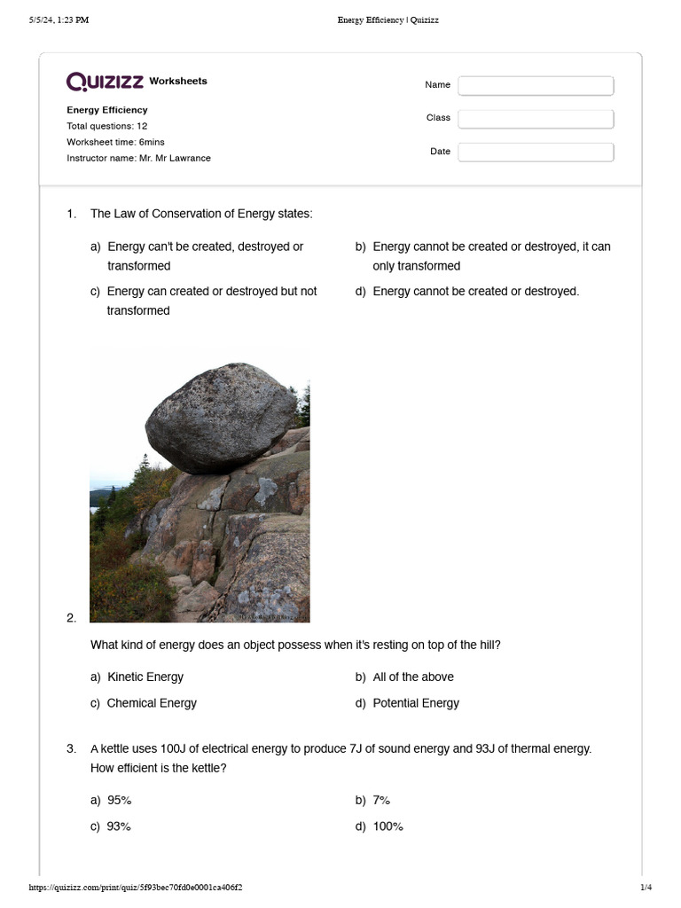 Energy Efficiency Worksheets Quiz | PDF | Efficient Energy Use ...
